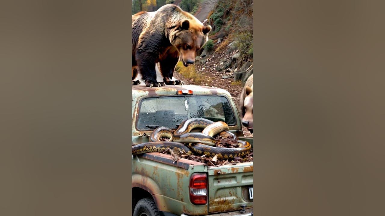 Two grizzly bears attacked the python in the car #youtubeshorts # ...