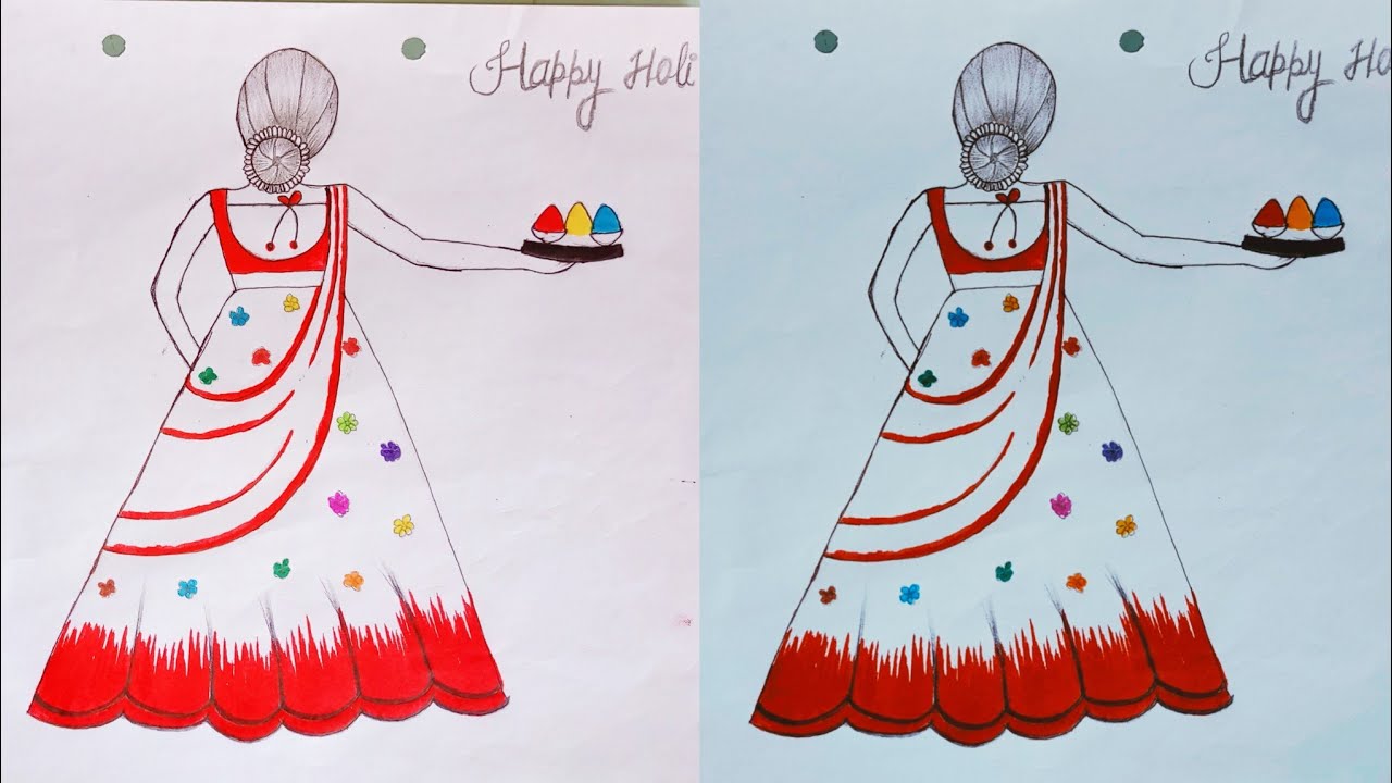 Beautiful traditional girl Celebriting Holi drawing | Easy drawing ...