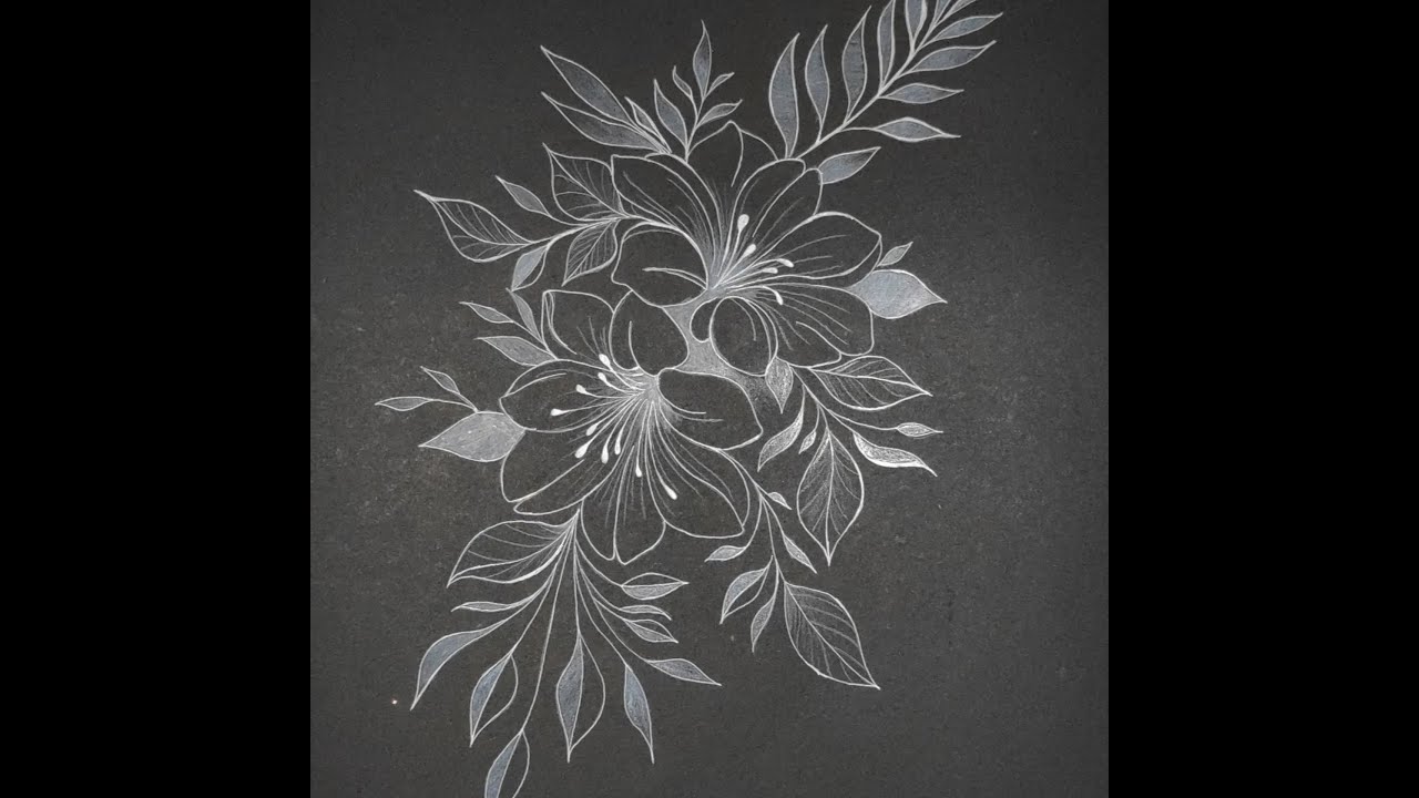 Drawing Flowers || White pencil on black paper drawing || lily flower ...