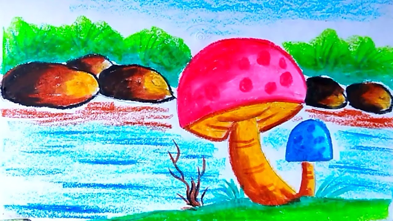 How to draw scenery of mushroom easy step by step || mushroom drawing ...