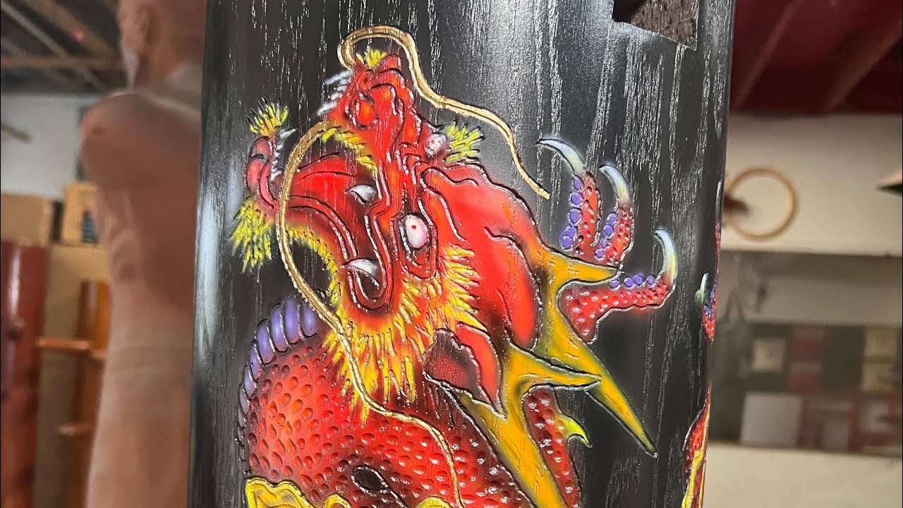 Airbrushing Dragon on a Wing chun dummy - YouTube