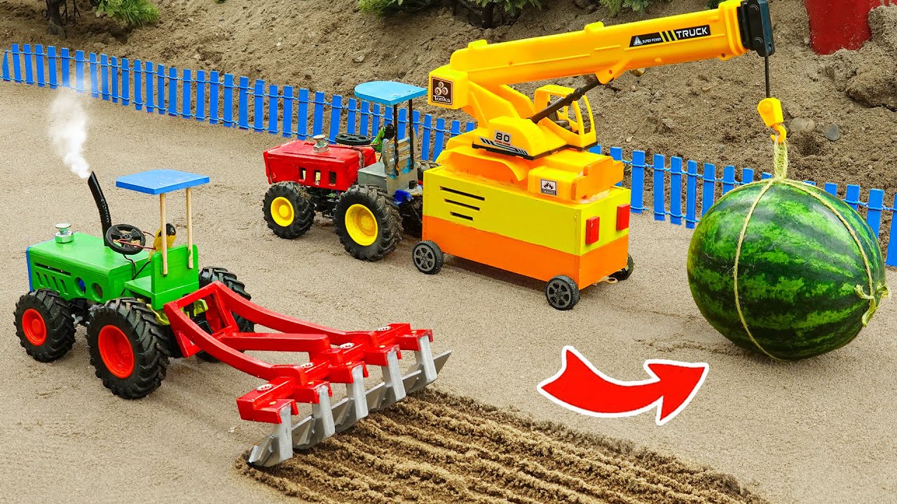 Diy tractor mini Plowing Machine Plant Fruits Farm | diy Crane Transporting Watermelon | HP Mini ...