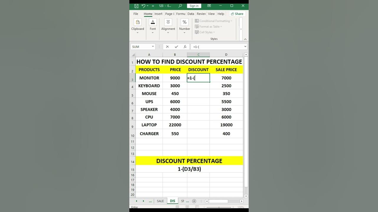 How to Calculate Discount Percentage in Excel | Discounted Price ...