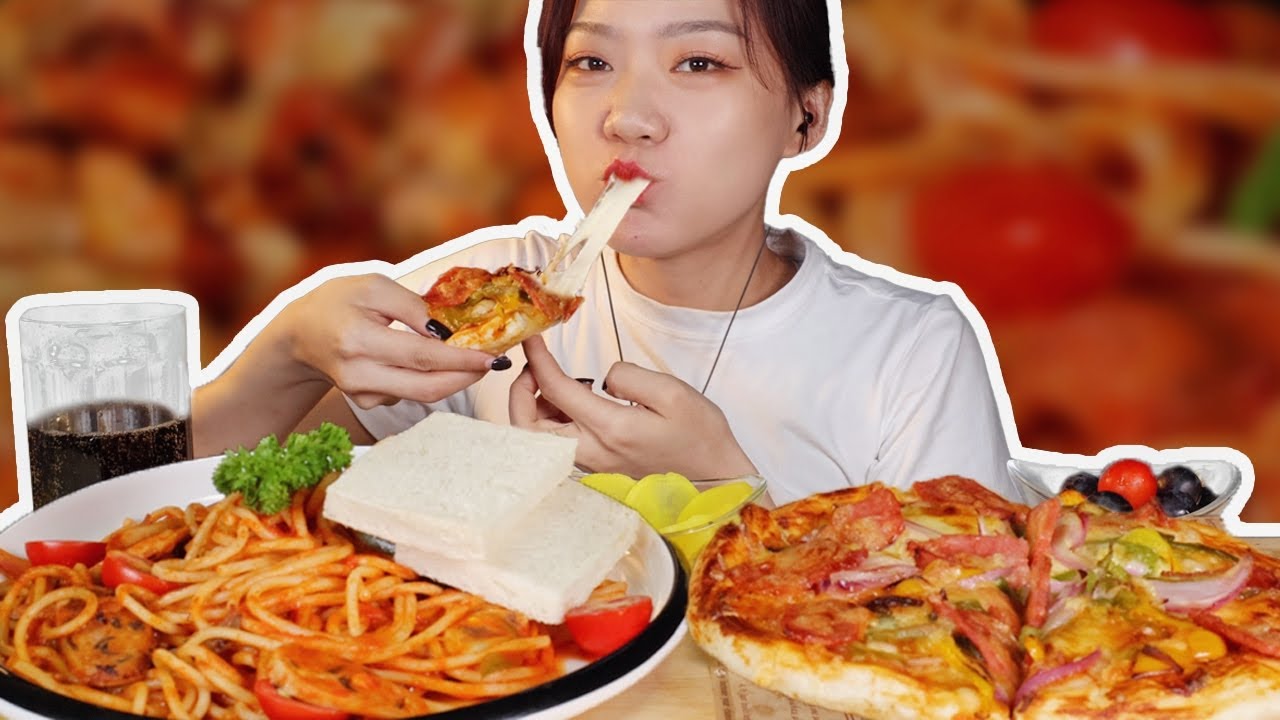 SUB)Mukbang/Spaghetti with tomato sauce and pizza/eating with Vanilla/ASMR Eating/EATING SOUNDS ...