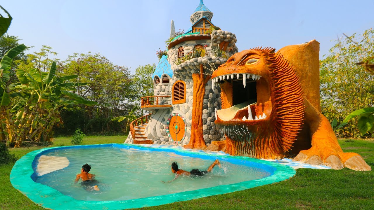 99 Days in Forest To Build Mud Villa House, Swimming Pool & Lion Water ...