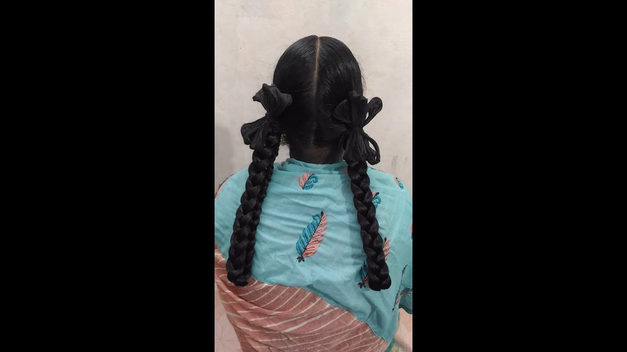 school time long hair double folded with twin ribbon plaits | hairstyle ...