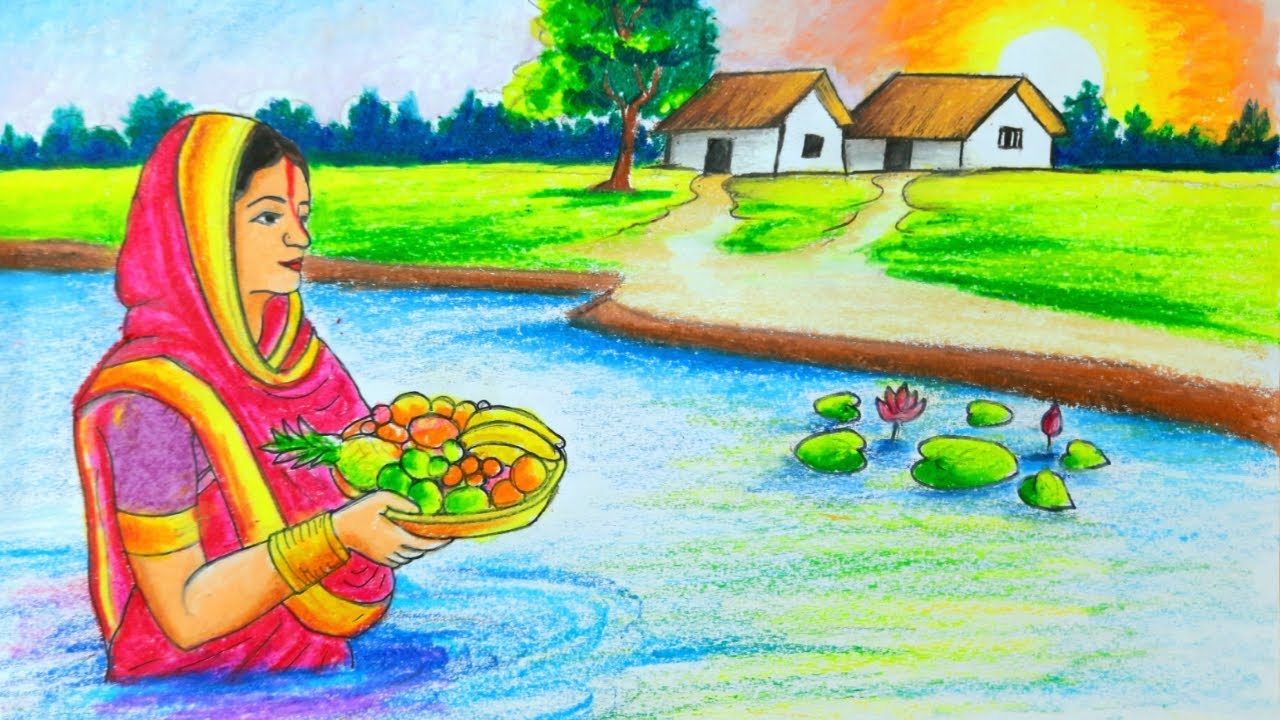Chhath puja drawing | Easy Chhath Puja Oil pastels colour drawing for ...