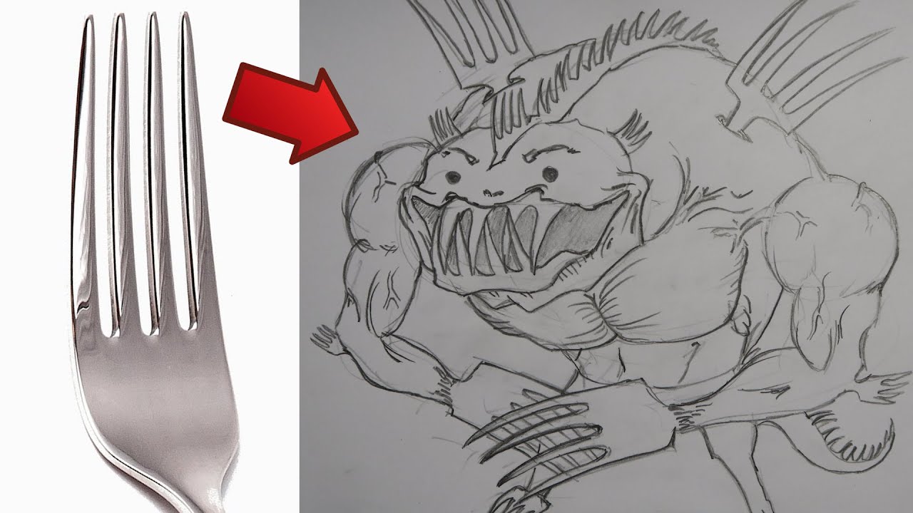 Drawing Everyday Objects as Scary Monsters | Fork Monster - YouTube