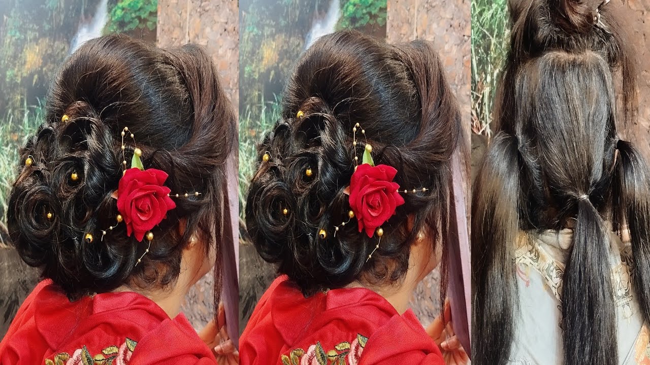 best bridal red rose hair style | bridal trending jura style with - YouTube