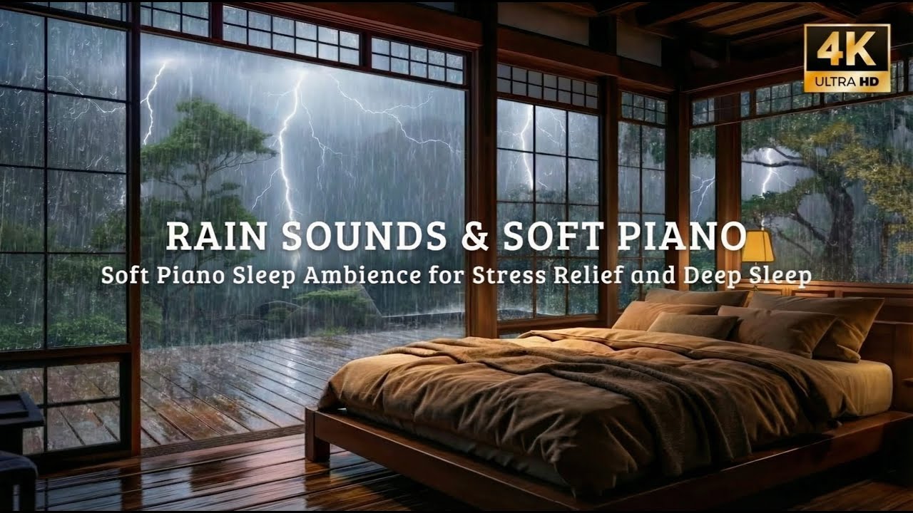 Cozy Warm Bedroom Night Ambience | Rain Sounds + Soft Piano for Sleep ...