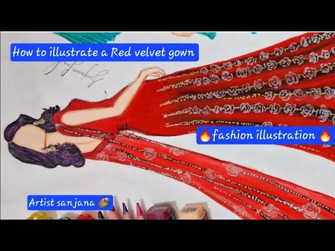 How to draw a Red velvet gown🔥red dress fashion illustration Tutorial # ...