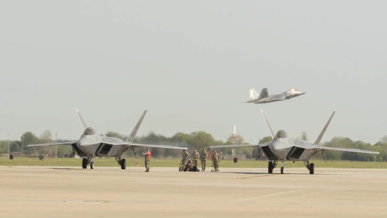 F-22 Raptors conducting multiple take offs and landings April 15, 2021 ...
