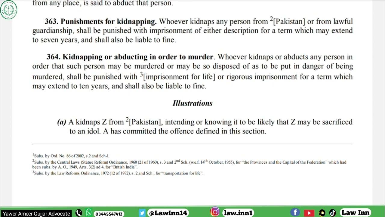 Punishment for Kidnapping or Abducting in Order to Murder | PPC Sec 364 | Law Inn - YouTube