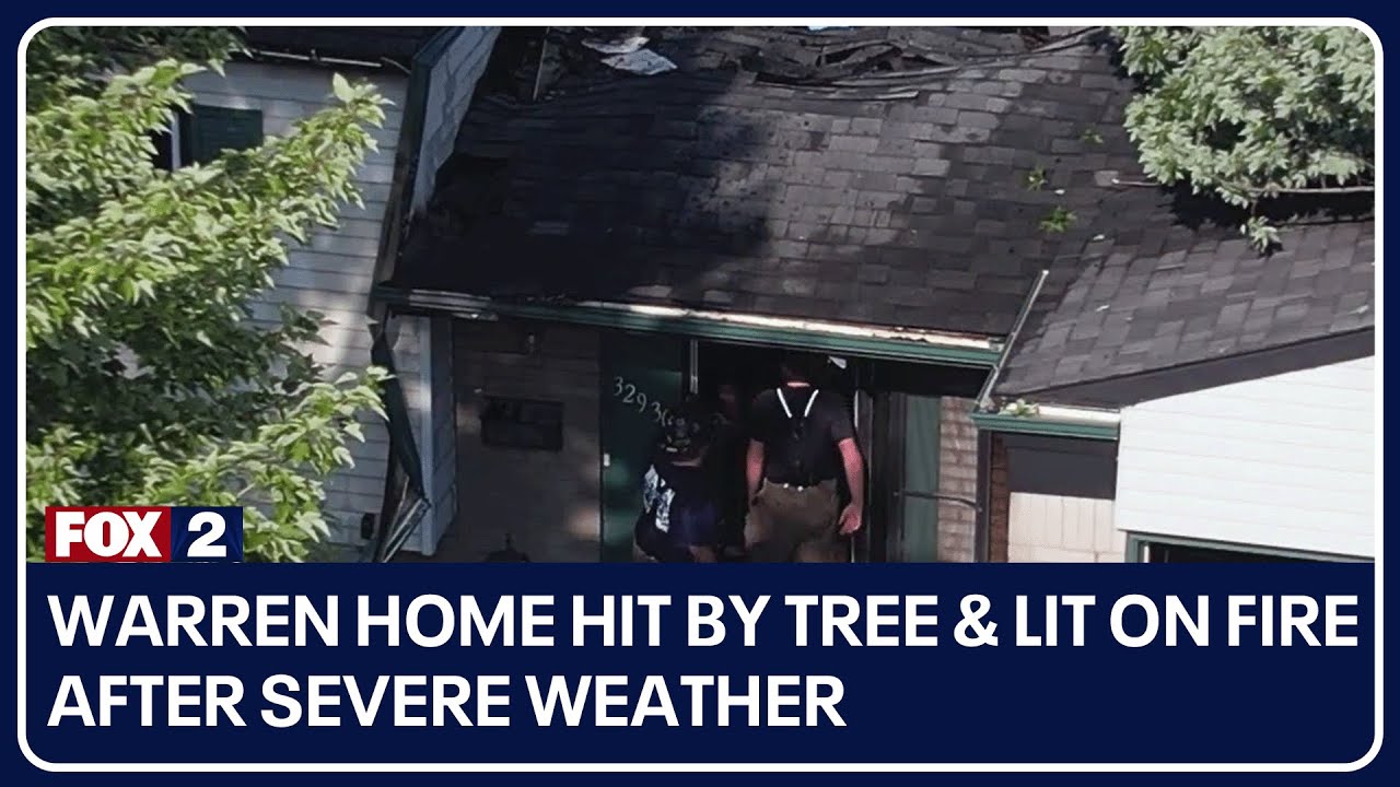 Warren home hit by tree, lit on fire after severe weather - YouTube