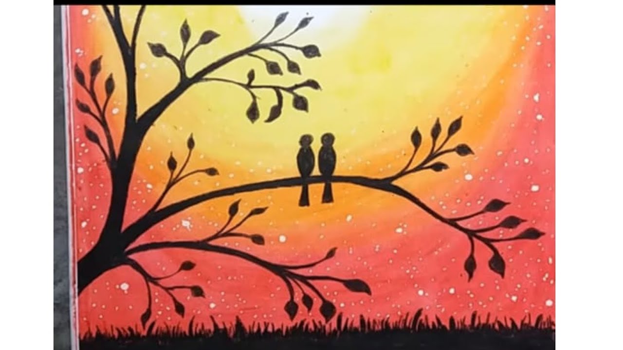 How to draw LOVEBIRDS in a sunset by oil pastel step by step./Bolalar ...