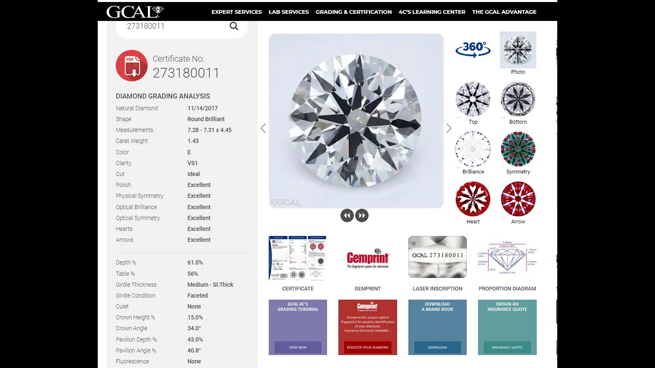 GCAL's Guaranteed Diamond Grading Certification verification page with ...