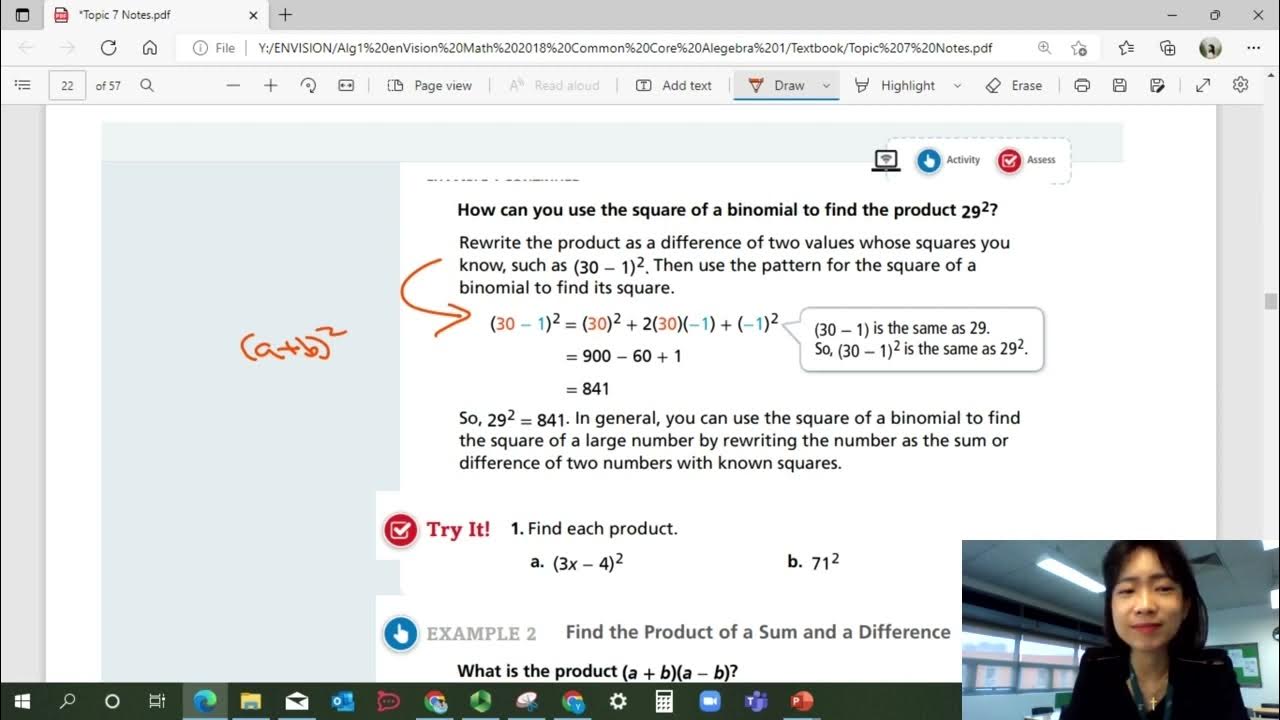 EnVision Algebra 1 Lesson 7-3: Multiplying Special Cases - YouTube