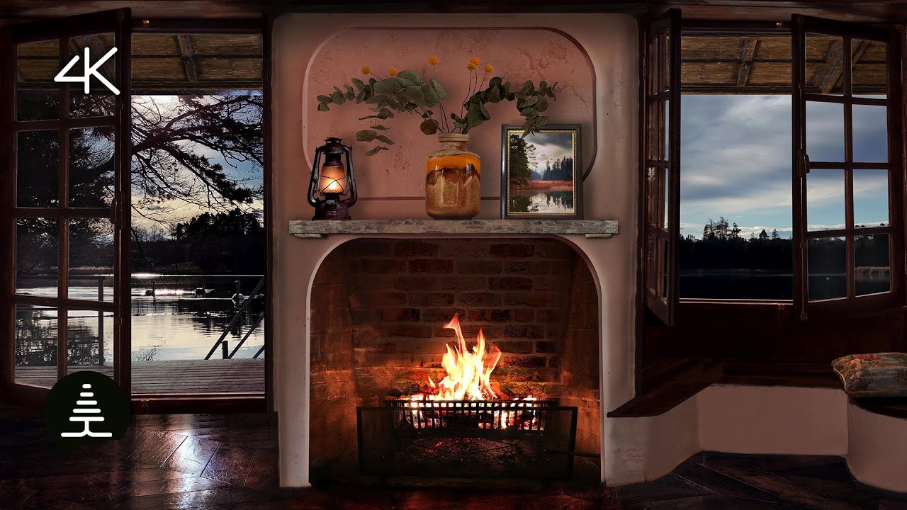 Fireplace 4k 🔥 Cozy Lake House Sunset Ambience - YouTube