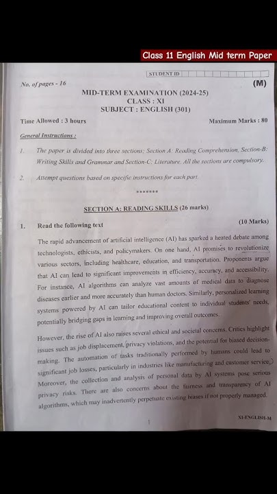 Class 11 English Mid term Exam 2024-25 morning shift #shortfeed #shorts ...