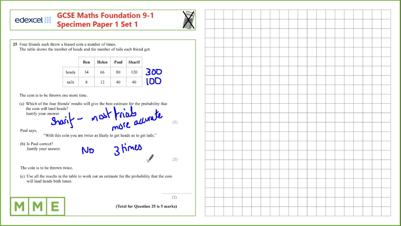 GCSE Maths EDEXCEL Specimen Set 1 Foundation Paper 1 Q25 Probability ...