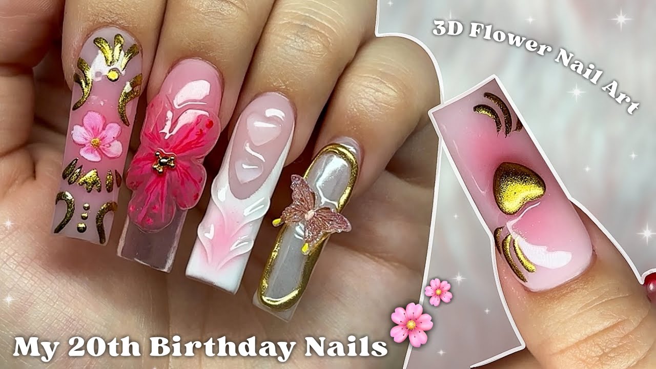 MY 20TH BIRTHDAY NAILS🌸 SCULPTED 3D FLOWER NAIL ART & SPRING NAIL ...