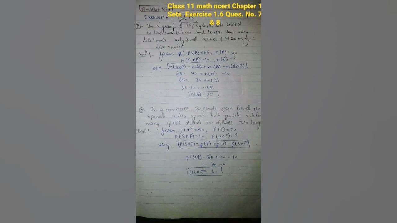 Class 11 math ncert Chapter 1 Sets Exercise 1.6 Ques. No. 7 & 8 - YouTube