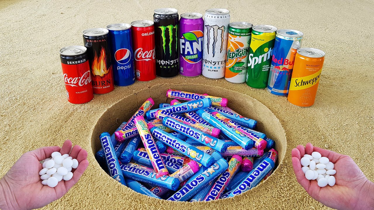 Giant Coca Cola eruption from hole, Fanta, Pepsi, Monster, Schweppes ...