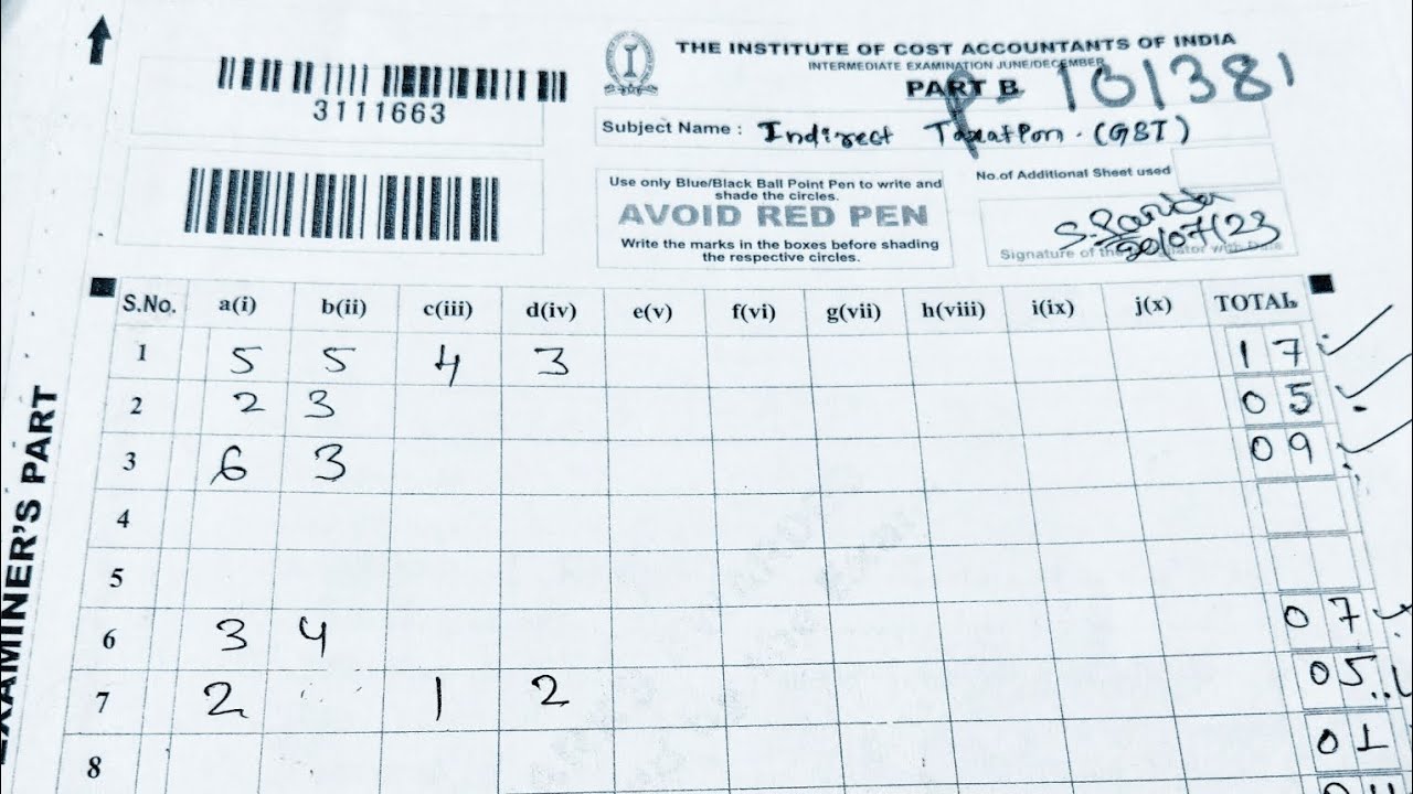 Certified copy of Answer sheet for Indirect Taxation Question Paper ...