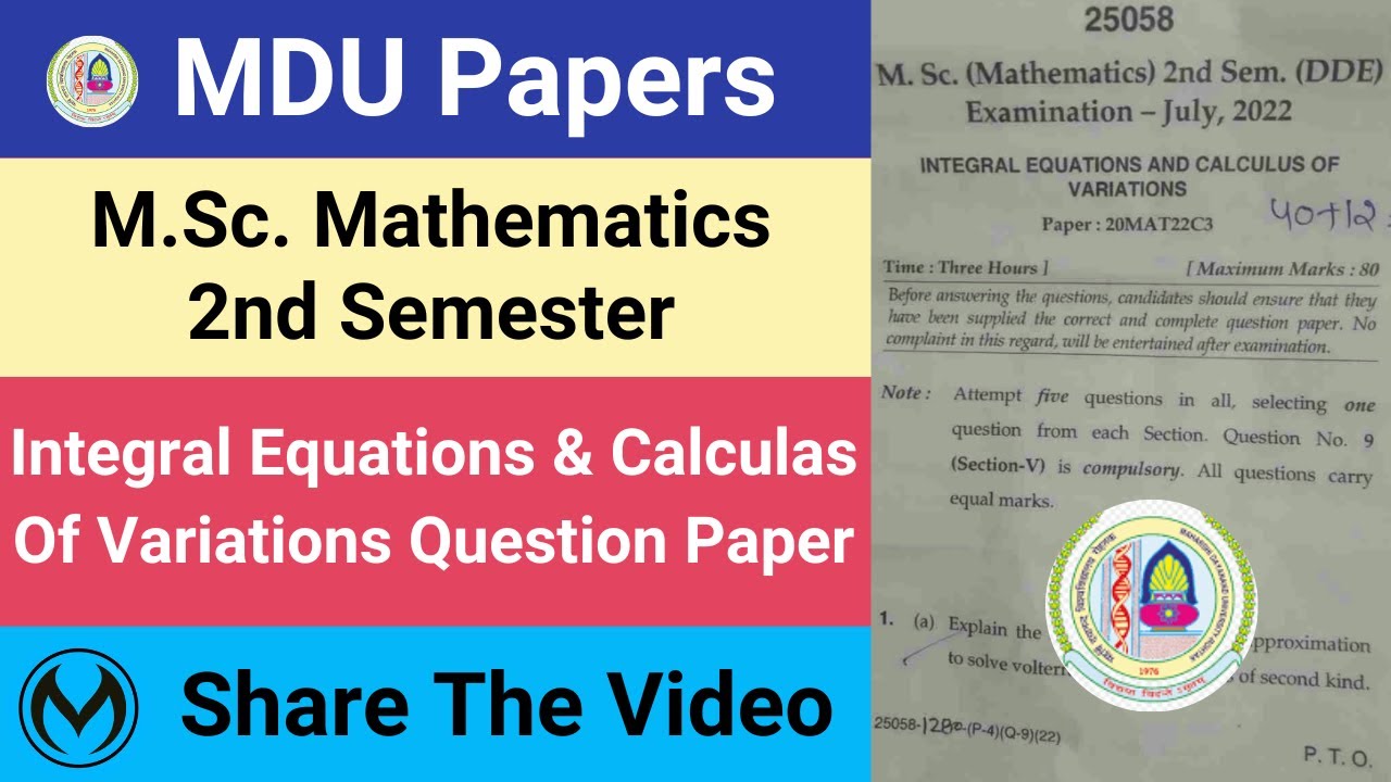 MDU DDE MSc Maths 2nd Semester | Integral Eq & Calculas Of Variations ...