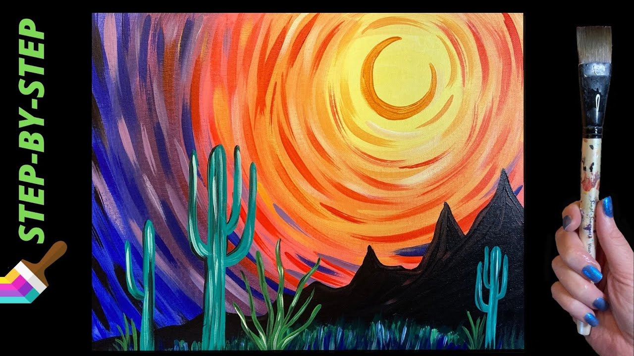 EP77 - 'Desert Sunset' easy acrylic desert painting with cacti and ...