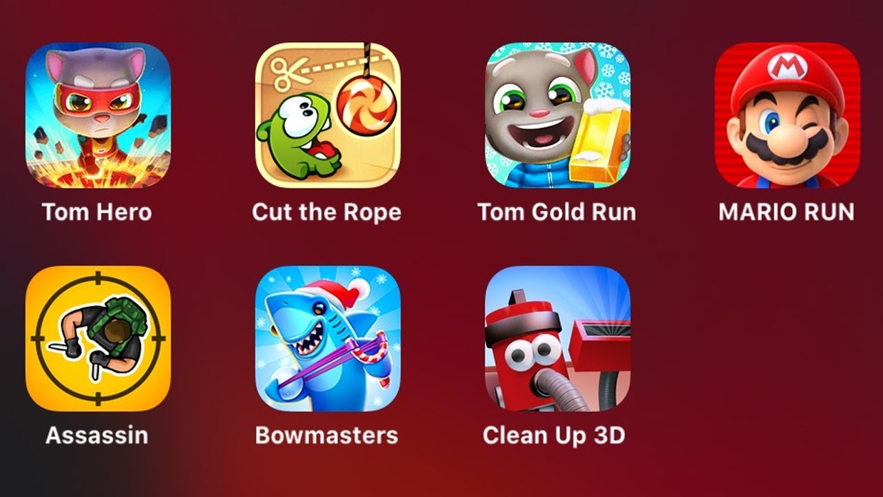 Tom Hero, Cut The Rope, Tom Gold Run, Mario Run, Assasin, Bowmasters ...