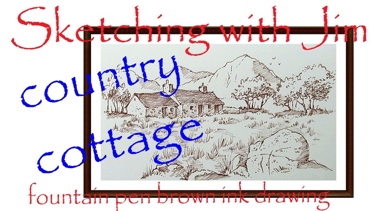 fountain pen croft cottage sketch in brown ink - YouTube