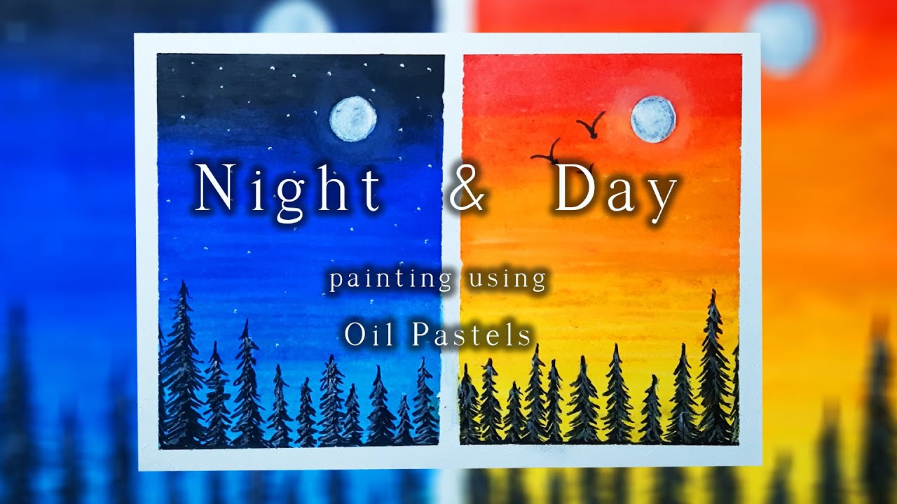 Two in One Day And Night Scenery /Drawing with Oil Pastels / Step by ...
