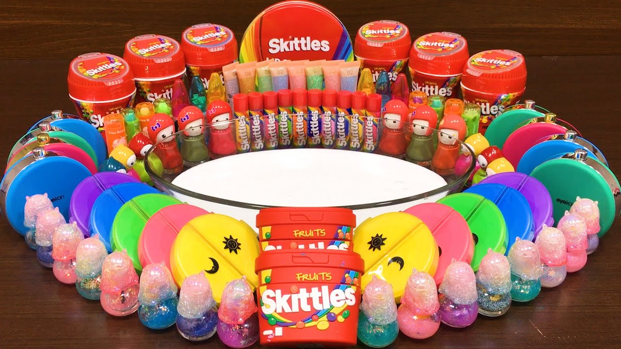SKITTLES SLIME !! Mixing Random into GLOSSY Slime ! Satisfying Slime ...