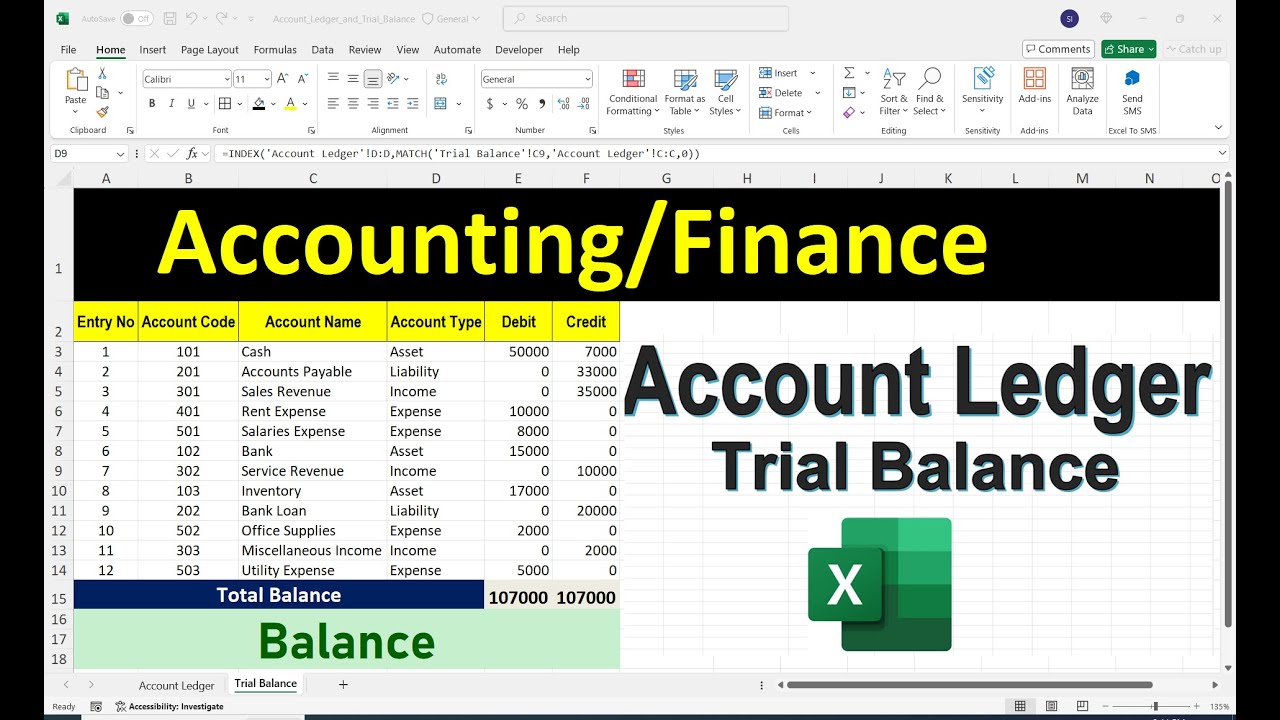 Ledger account trial balance with account type excel - YouTube