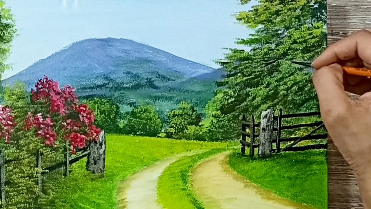 Painting a beautiful country side | Acrylic painting step by step for ...