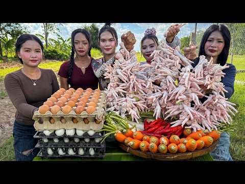 Amazing cooking chicken feet - egg and vegetable recipe | deep fried chicken feet recipe