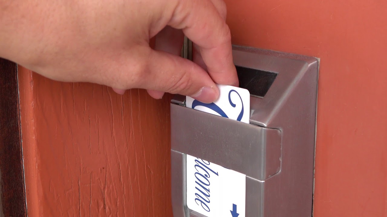swiping key card in hotel room door 4k - YouTube