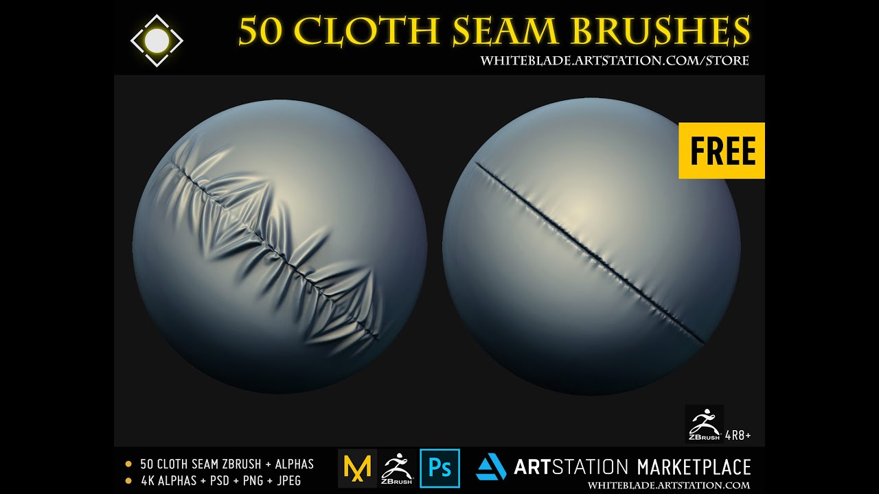 Cloth Seam Brushes + 4K Alphas - ZBrush 4R8+ FREE - YouTube