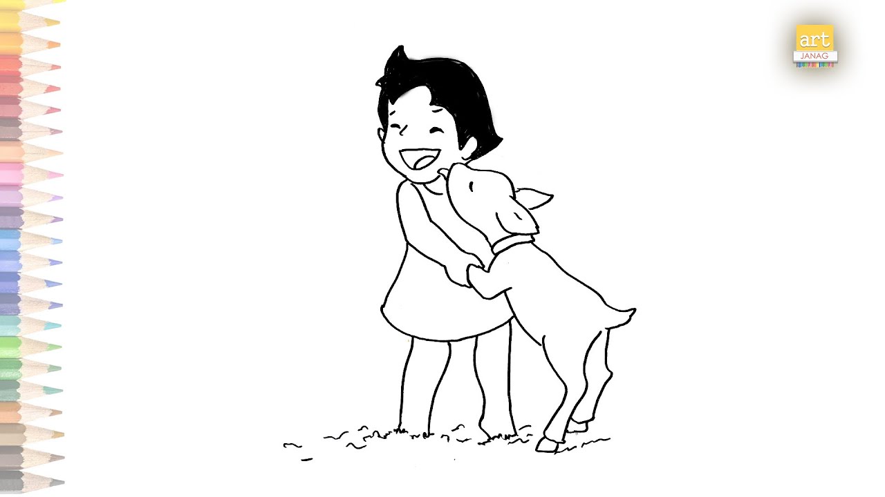 Lamb kissing to Heidi drawing easy| How to draw Heidi and lamb step by ...
