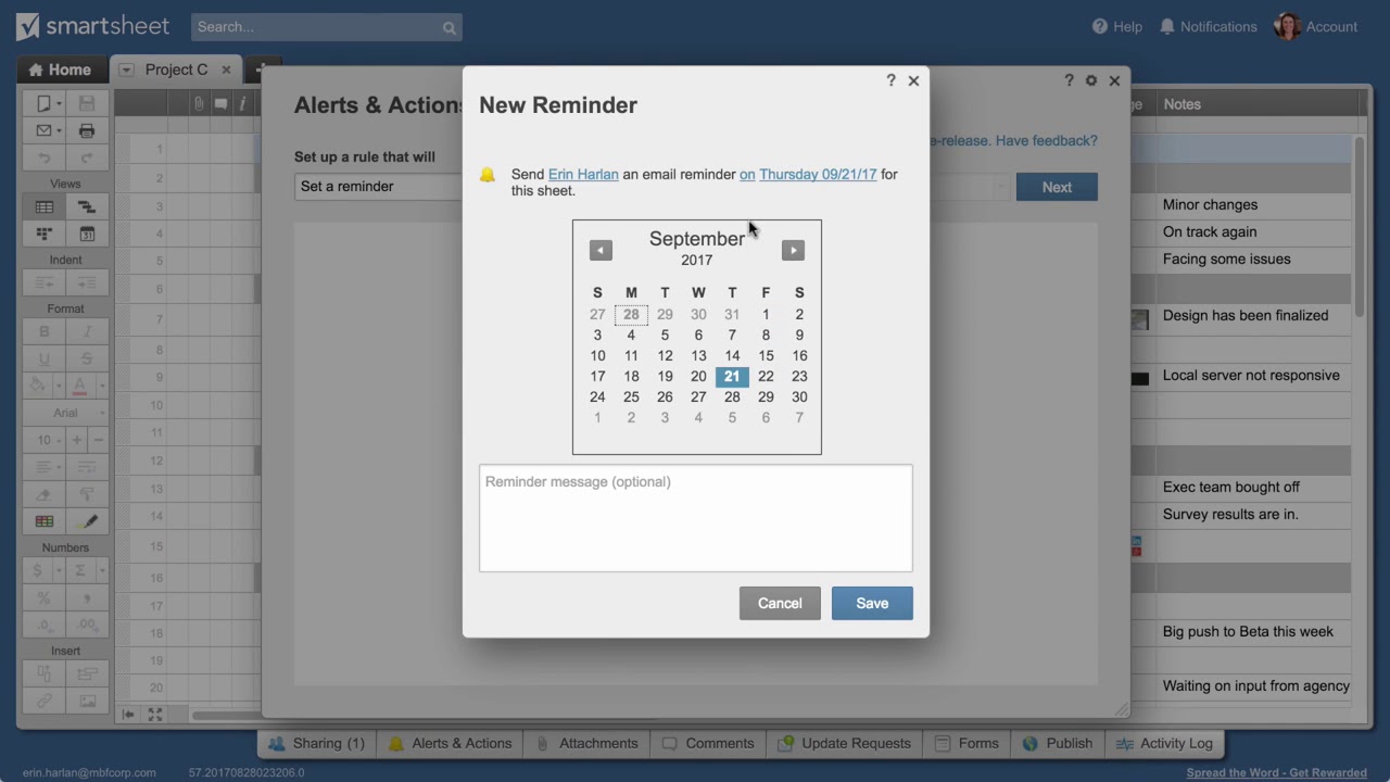 Reminders in Smartsheet - YouTube
