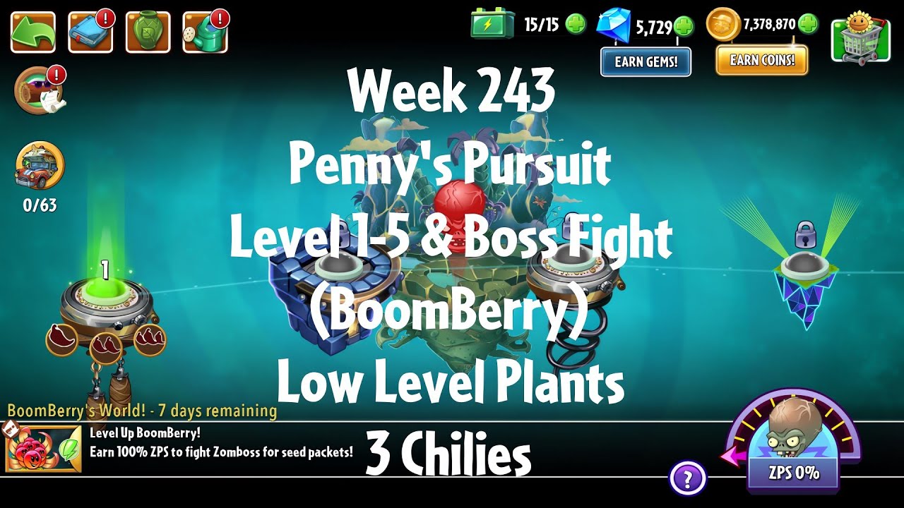 PvZ2 Penny's Pursuit Week 243 (BoomBerry) - Level 1-5 & Boss Fight - 3 ...