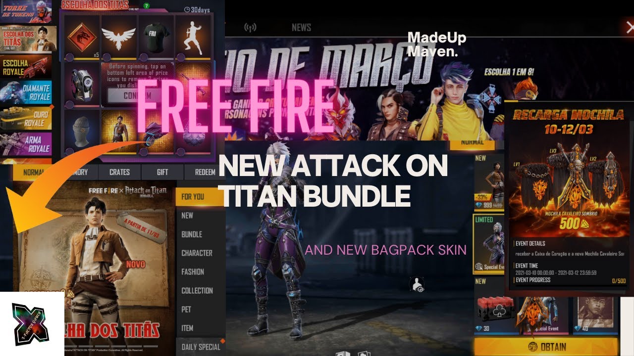 ALL NEW ATTACK ON TITAN BUNDLE IN FREE FIRE , NEW BAG PACK SKIN AND ...