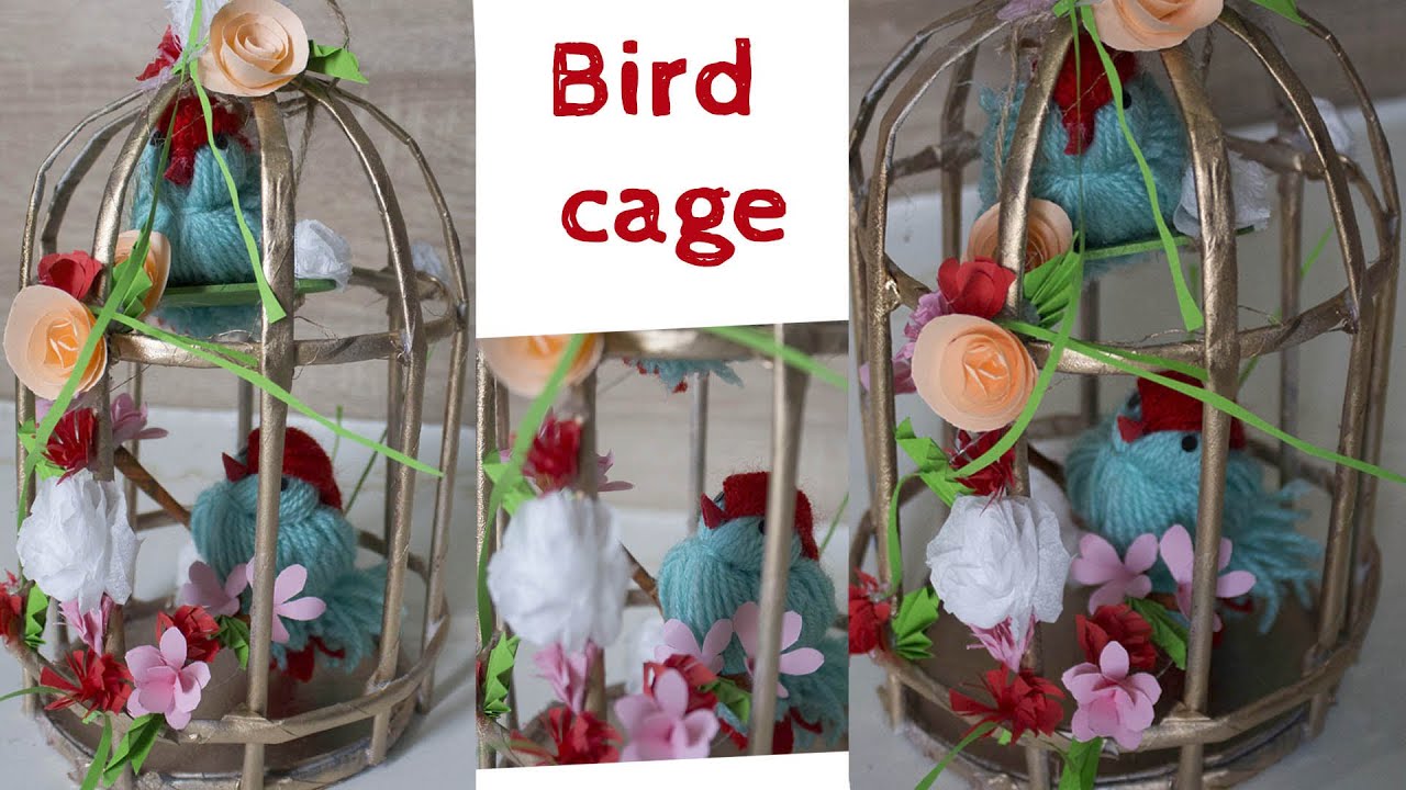 Bird cage with bird/ Diy Bird cage/ Newspaper craft/ Newspaper Cage ...