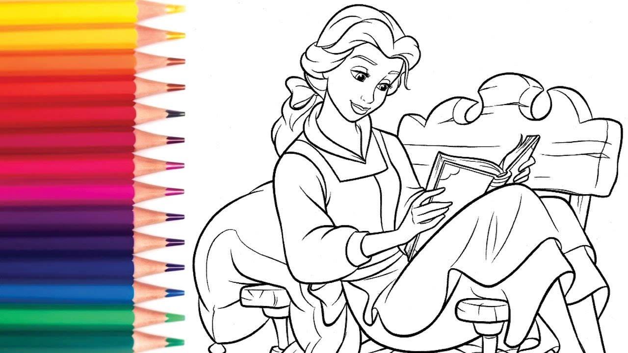 How to color Disney Princess Belle from Beauty and the Beast reading in ...