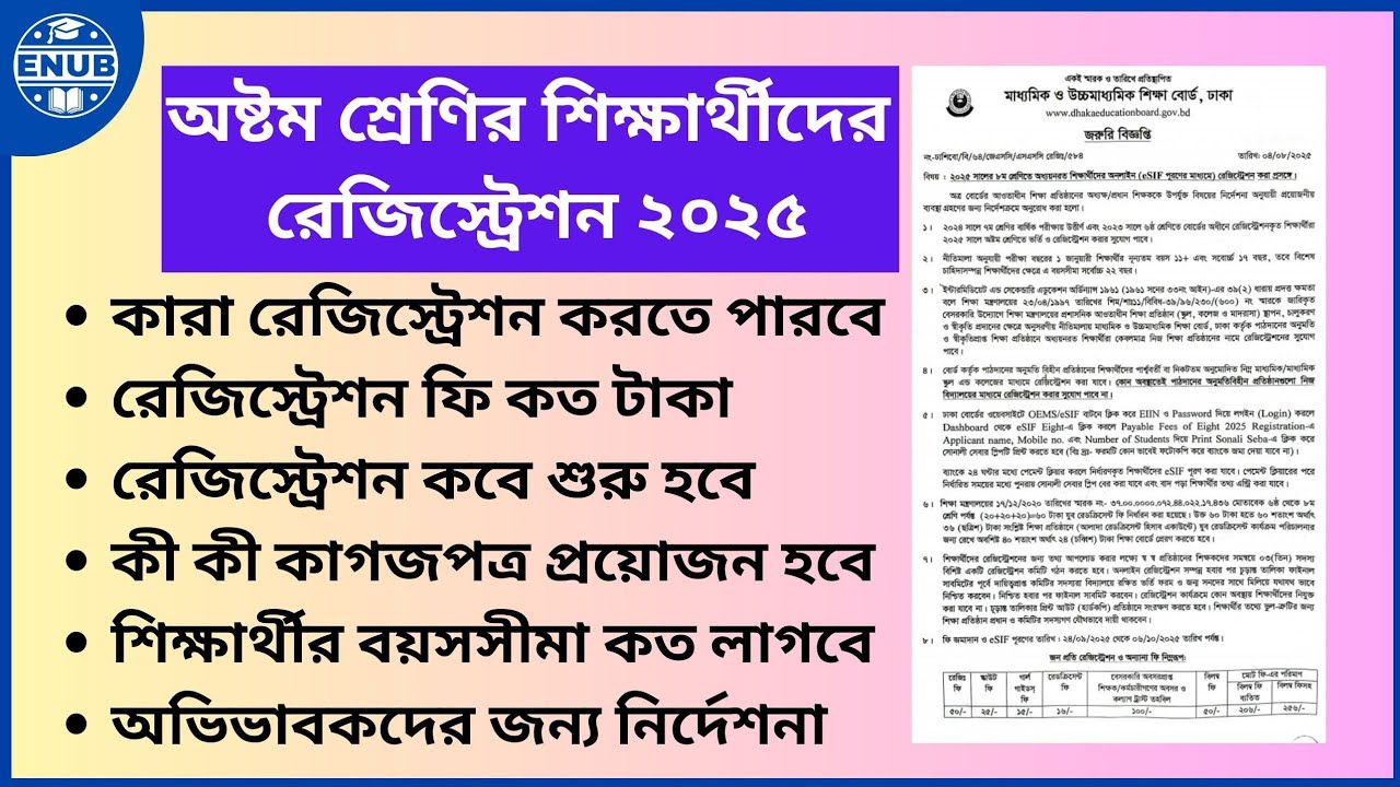 অষ্টম শ্রেণির রেজিস্ট্রেশনের সব তথ্য । Class 8 Registration 2025 । ENUB ...