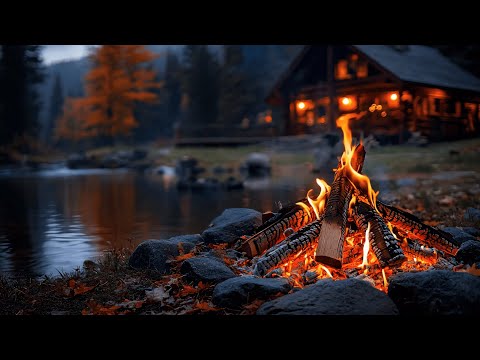 Crackling Fire in Autumn Forest by the River 🌲🍂 | Relaxing Nature Sounds 4K ASMR
