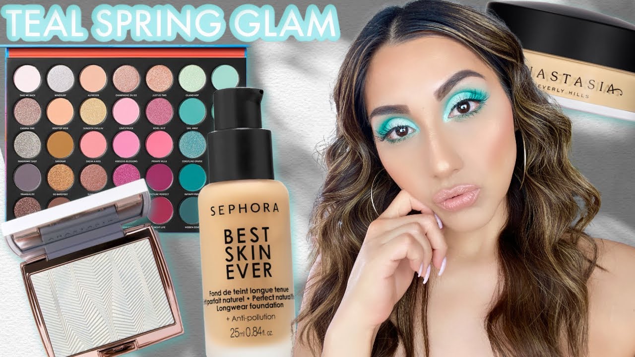 SPRING FULL FACE GLAM | TEAL POP OF COLOR EYESHADOW - YouTube