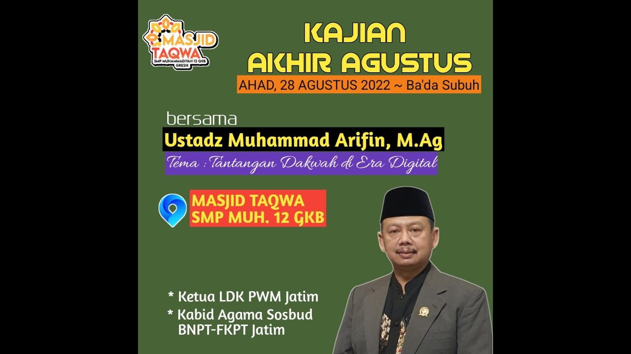 Live : Kajian Akhir Agustus bersama Ust. Muhammad Arifin, M.Ag - YouTube