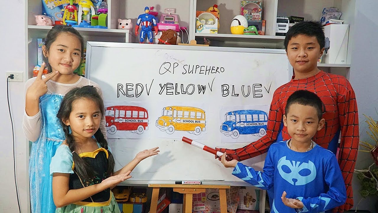 SuperHero Kids Go To School Learn Colors for Children with School Bus w ...